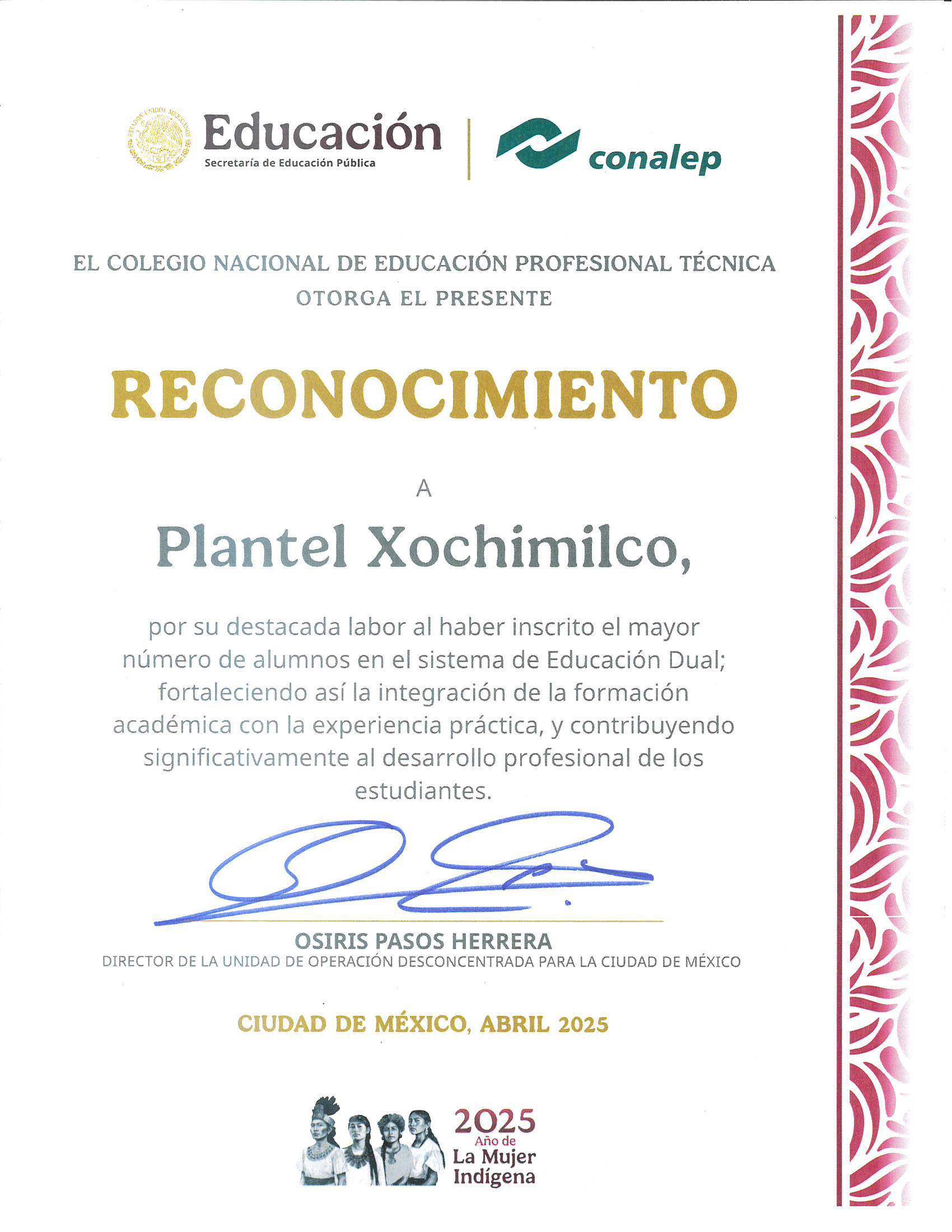 Reconocimiento Sistema DUAL | CONALEP CDMX - XOCHIMILCO